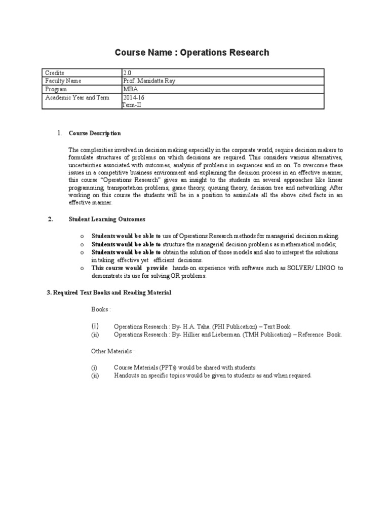 MBA Operations Research Course Guide | PDF | Operations Research | Textbook