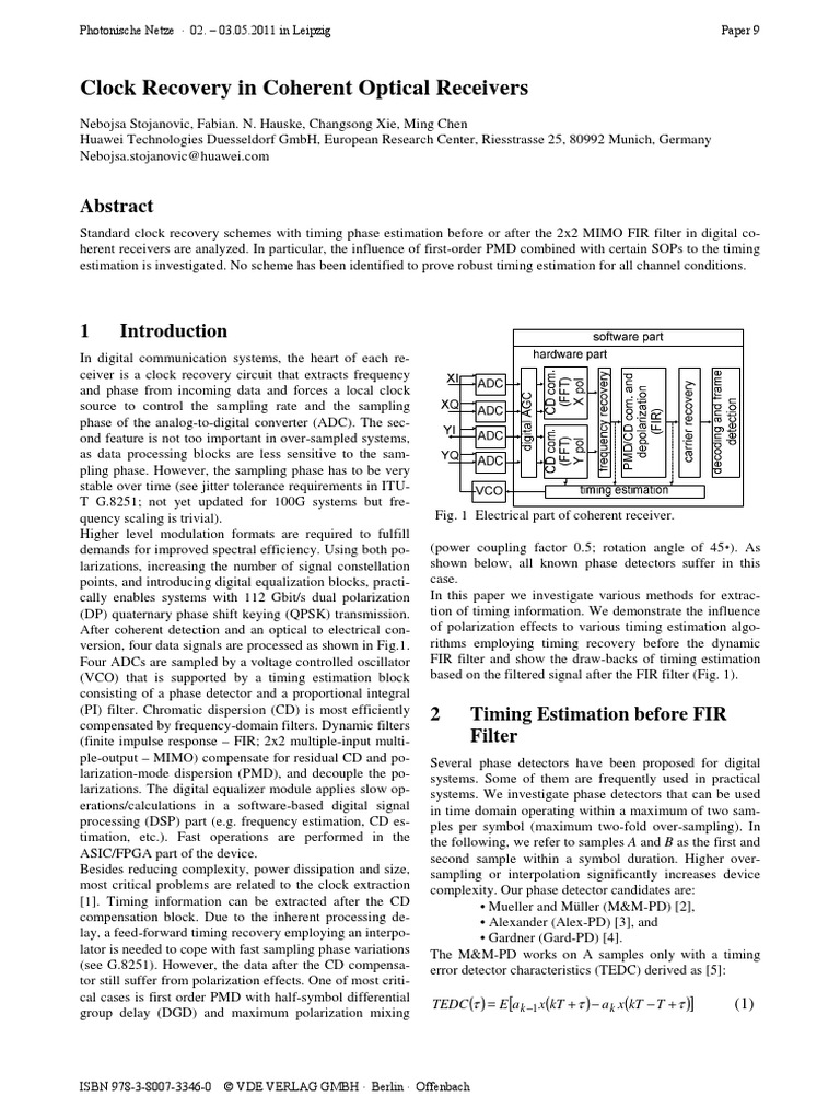 Clock Recovery in Coherent Optical Receivers: Photonische Netze 02 ...