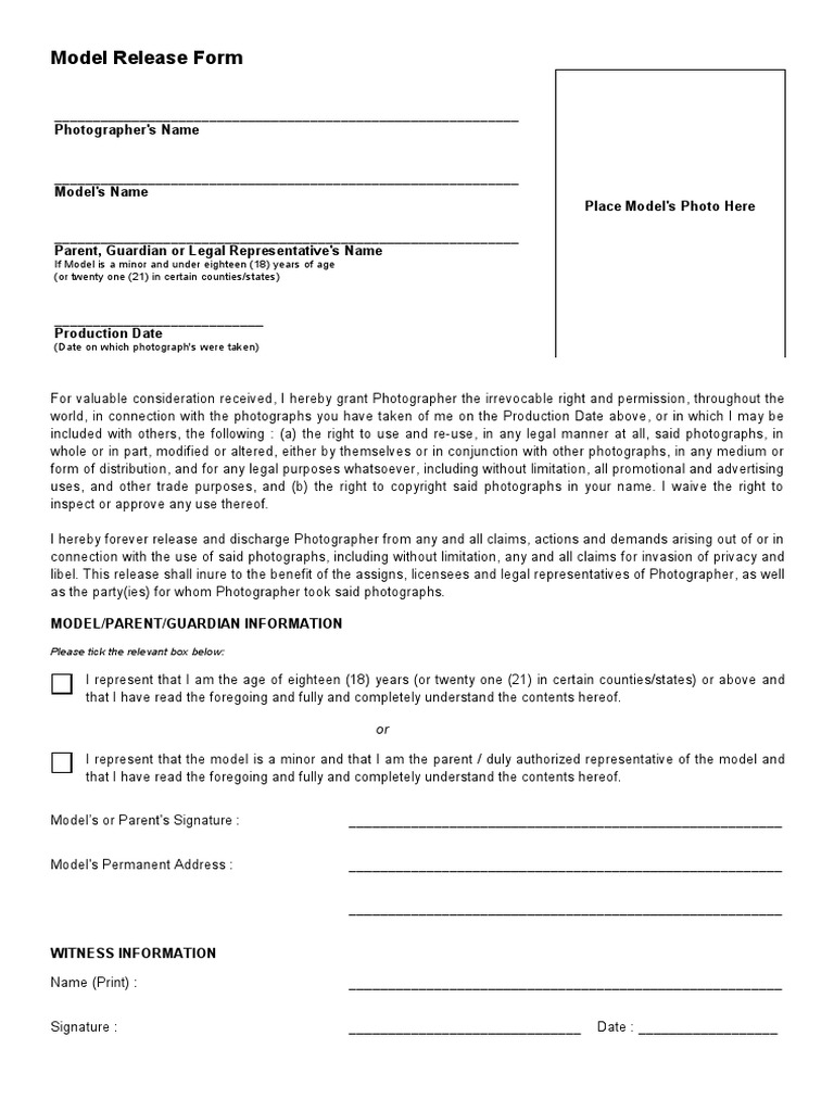 Model Release Form: Photographer's Name | PDF | Business