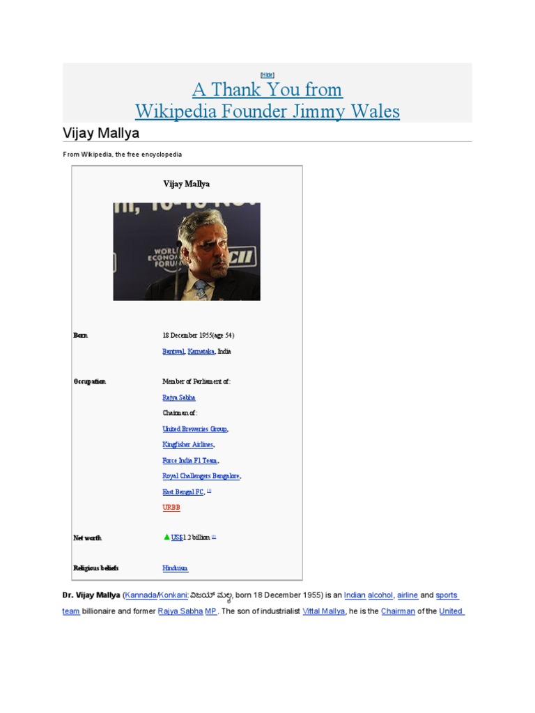 A Thank You From Wikipedia Founder Jimmy Wales: Vijay Mallya | PDF | Sports
