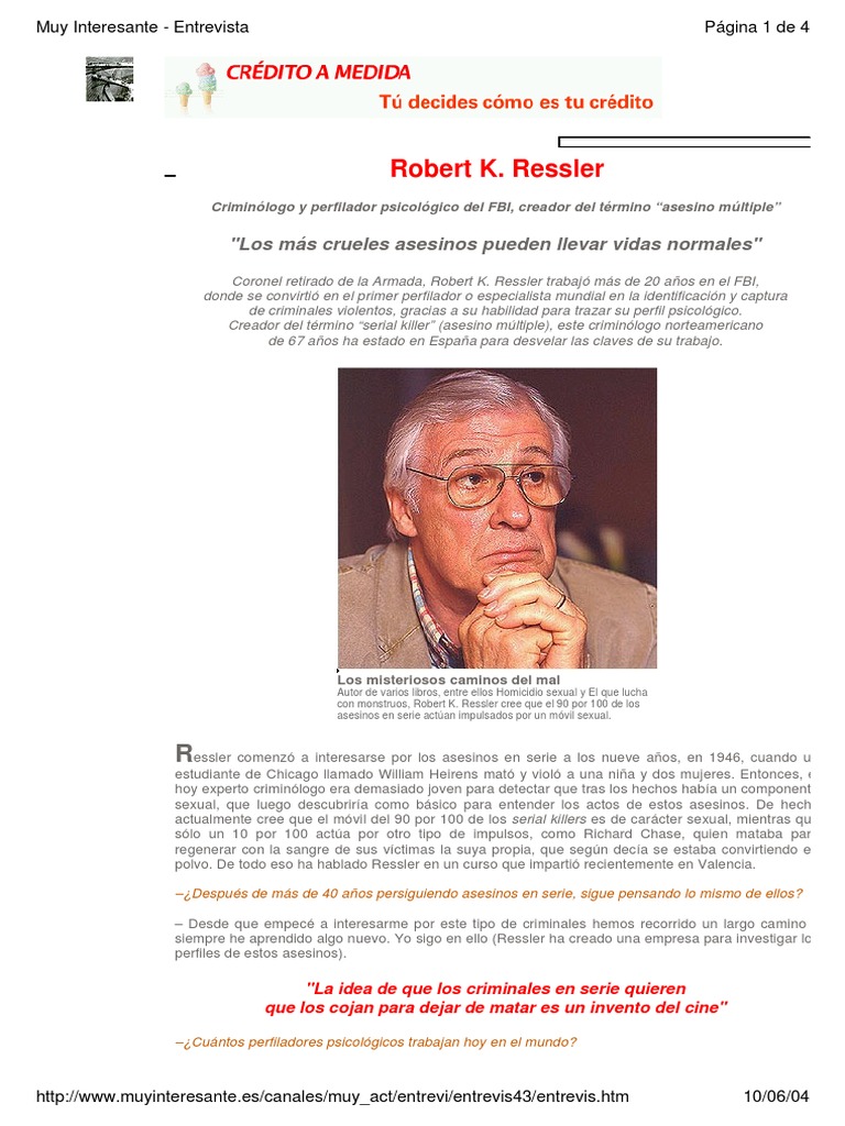 Robert K Ressler - Entrevista Al Perfilador Del Fbi PDF | PDF | Asesino ...