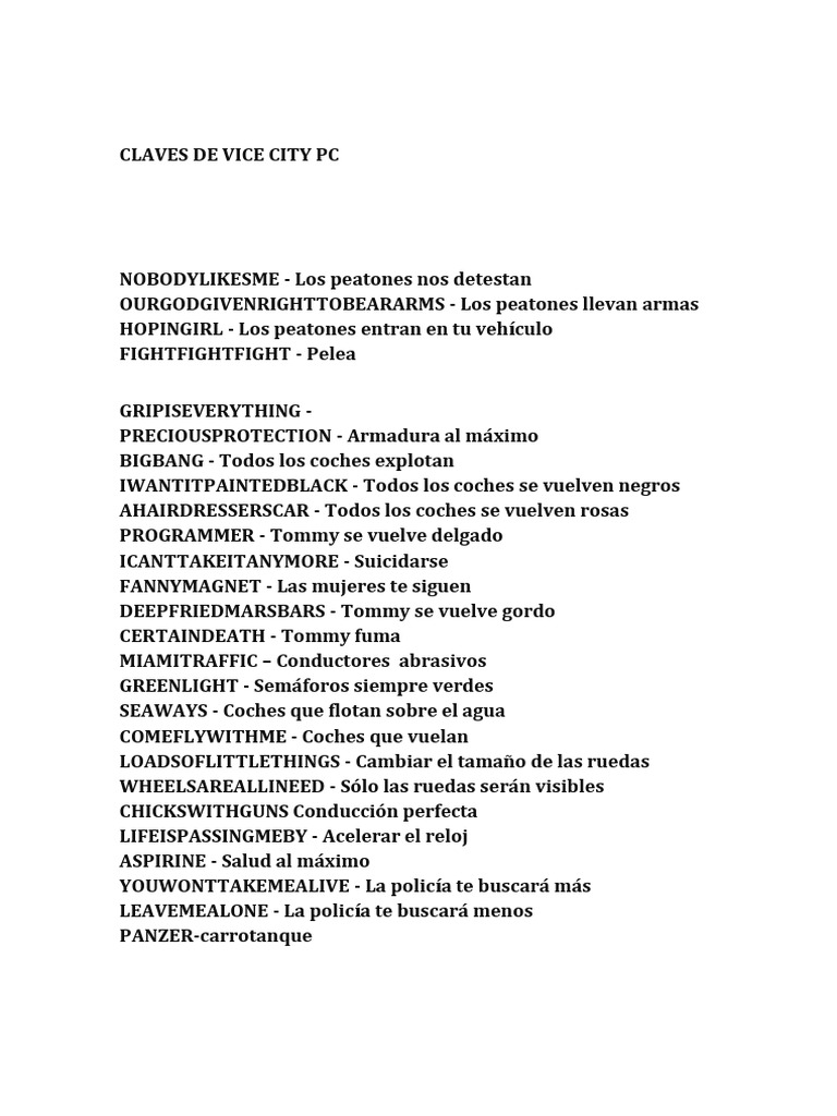 Claves y códigos para Vice City PC | PDF