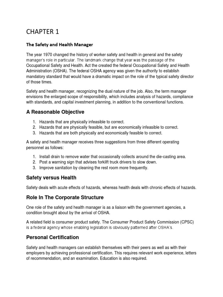 Chapter 1 - Safety and Health Manager (Ferrer and Rellores) | PDF ...
