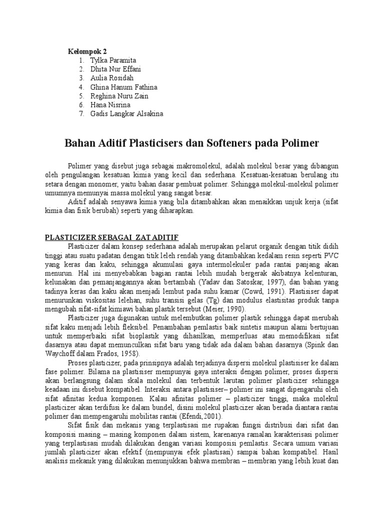 Bahan Aditif Polimer Plasticisers and Softeners Pada Polimer | PDF ...