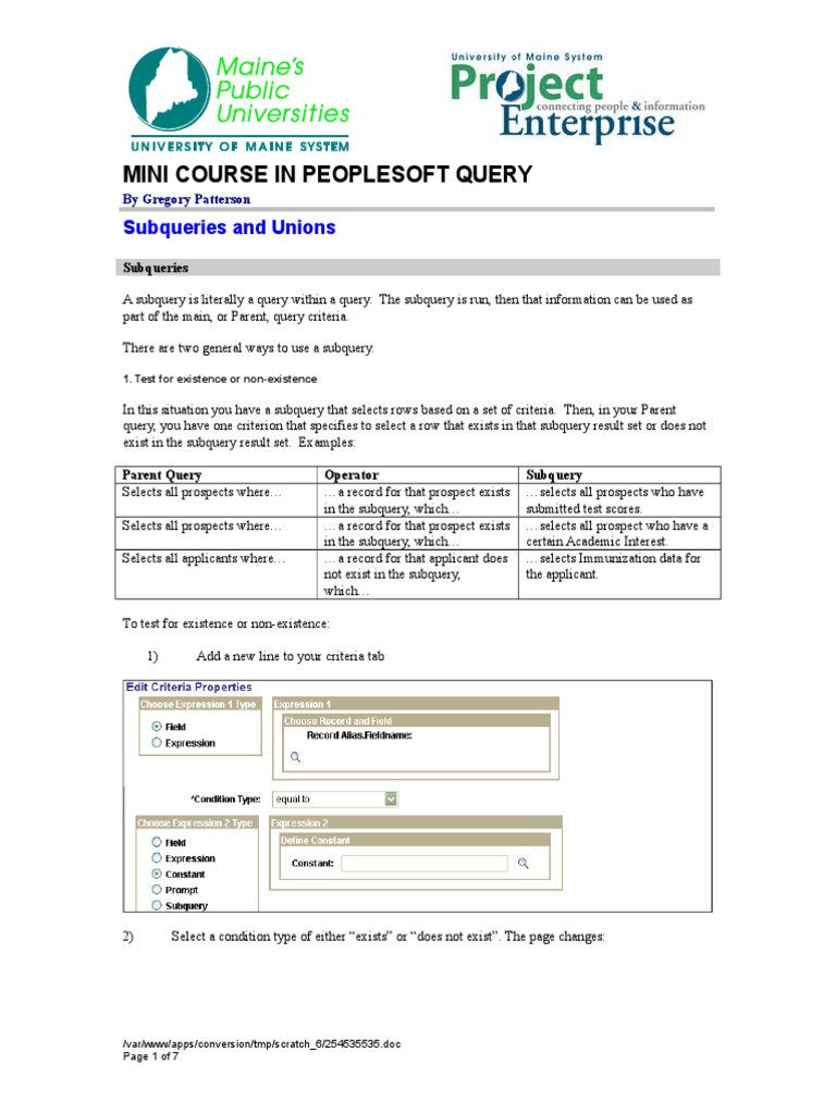 Mini Course in Peoplesoft Query: Subqueries and Unions | PDF | Data ...