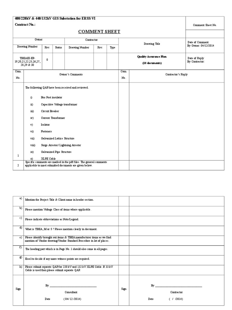 ESSEL-Comment Sheet Format | PDF | Electrical Substation | Electrical ...