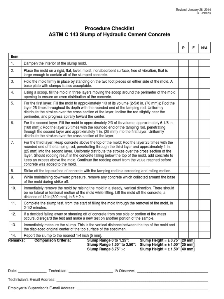 Procedure Checklist - ASTM C143 | PDF | Concrete | Building Engineering