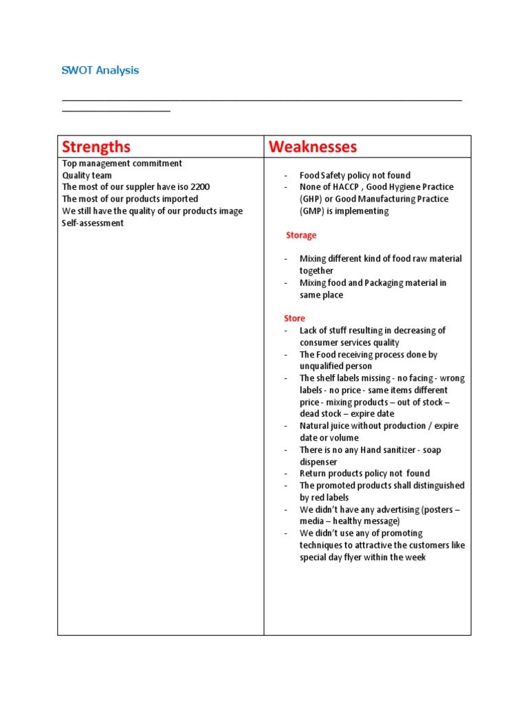 SWOT Analysis | PDF | Food Safety | Foods