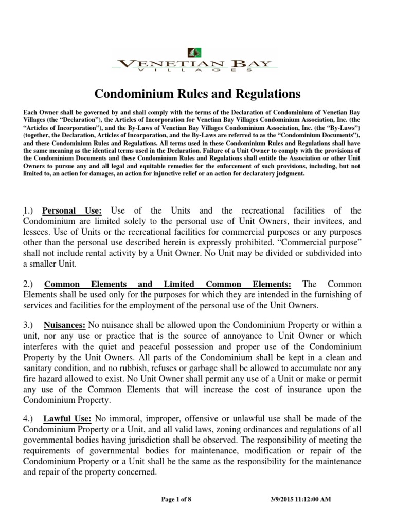 Rules and Regulations 4-21-14-1 | PDF | Lease | Condominium