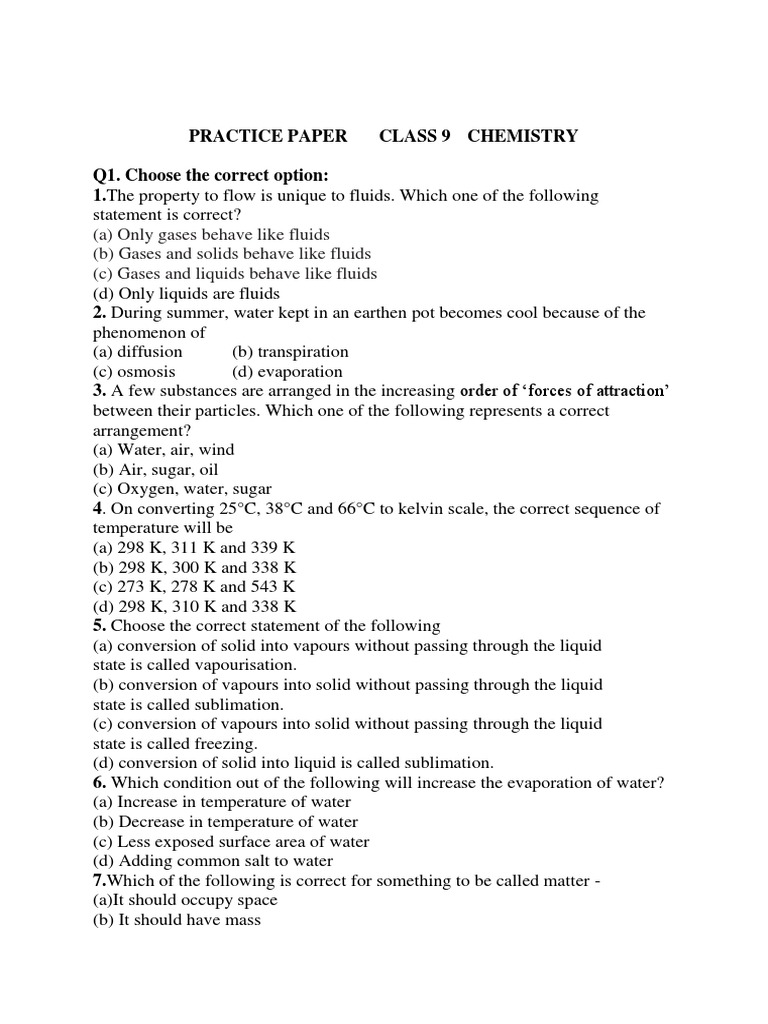 Chemistry Practice Paper SA1 Class 9 CBSE | PDF | Liquids | Evaporation