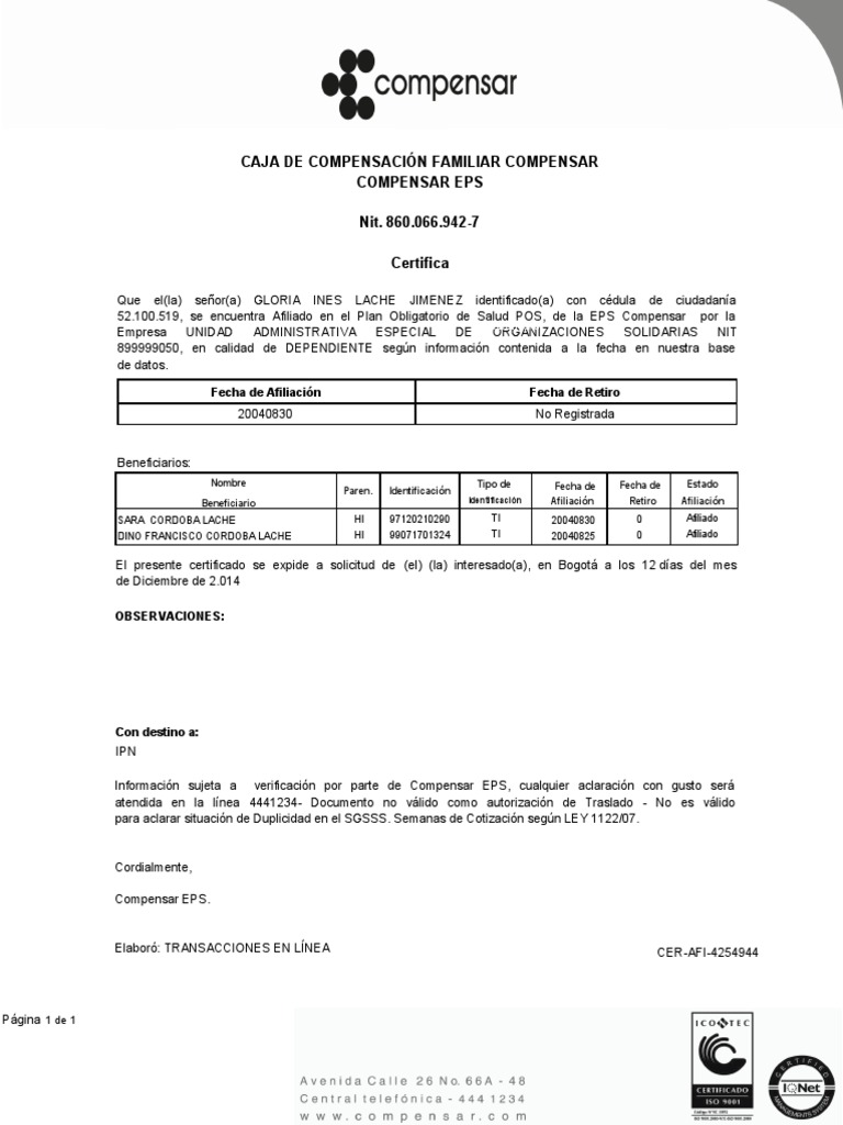 Certificado de Afiliación Compensar | PDF