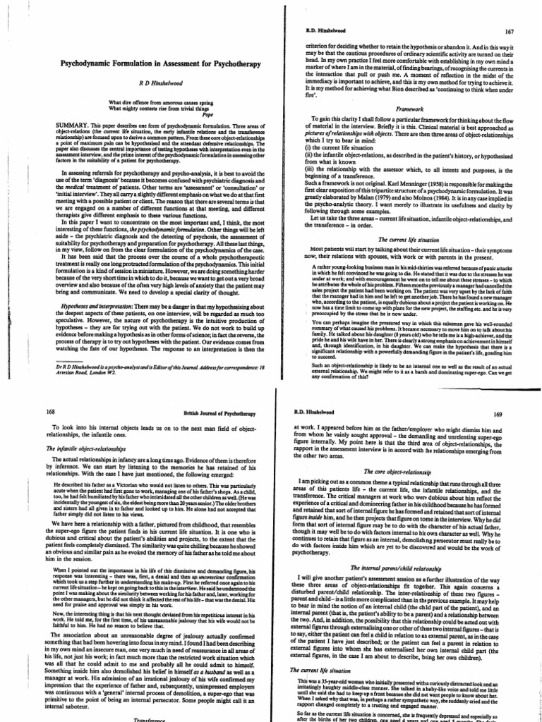 Psychodynamic Formulation in Assessment For Psychotherapy R D ...