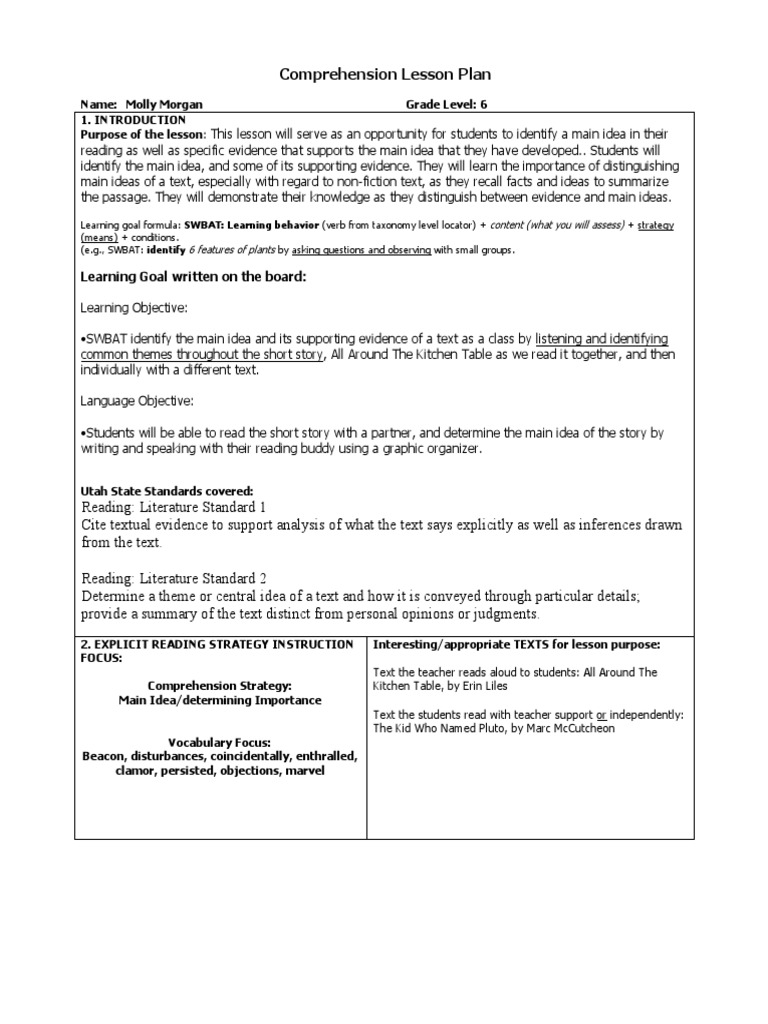 Comprehension Lesson Plan-Revised | PDF | Reading Comprehension | Homework