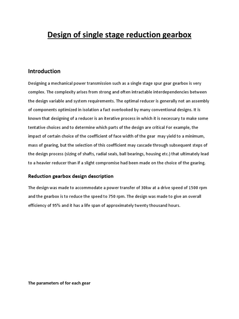Design of Single Stage Reduction Gearbox | PDF | Gear | Bearing ...