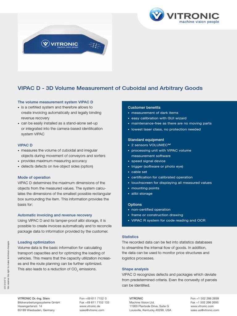 VITRONIC VIPAC D 3D Volume Measurement Cuboidal Arbitrar | PDF | Calibration | Computer Data Storage
