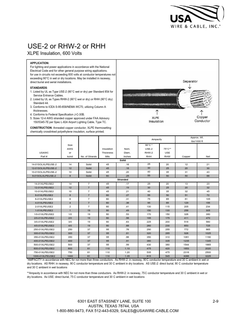 USE-2 or RHW-2 or RHH: XLPE Insulation, 600 Volts | PDF | Insulator ...