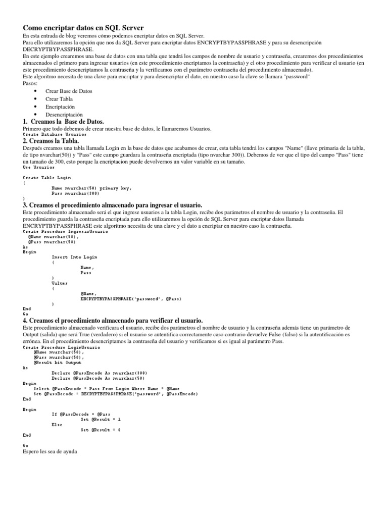 Como Encriptar Datos en SQL Server | PDF | Servidor SQL de Microsoft | Tabla (base de datos)