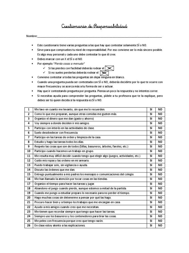Cuestionario de Responsabilidad para Niños | PDF | Cuestionario | Ocio