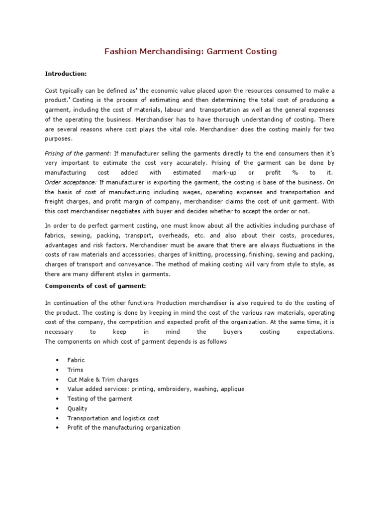 Garment Costing in Fashion Merchandising | PDF | Textiles | Yarn