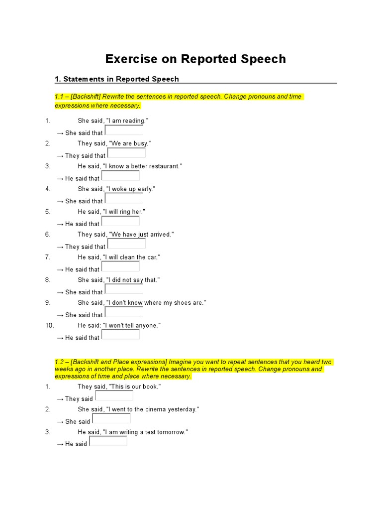 Reported Speech Exercises and Worksheets | PDF