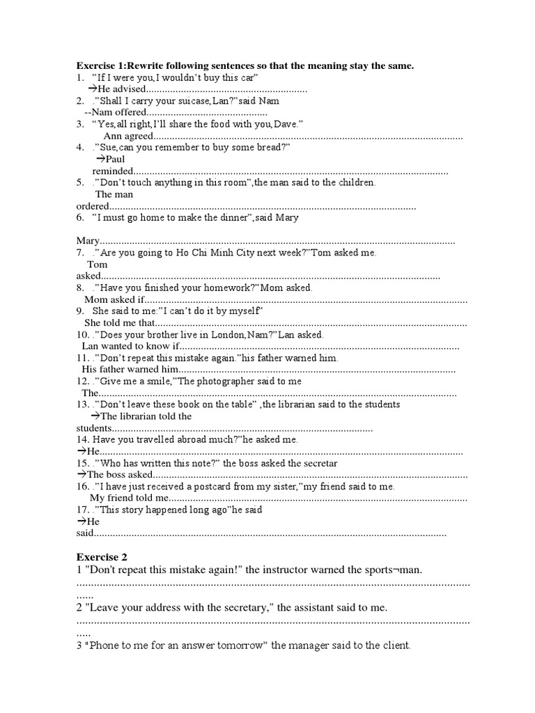 Exercise 1:rewrite Following Sentences So That The Meaning Stay The ...