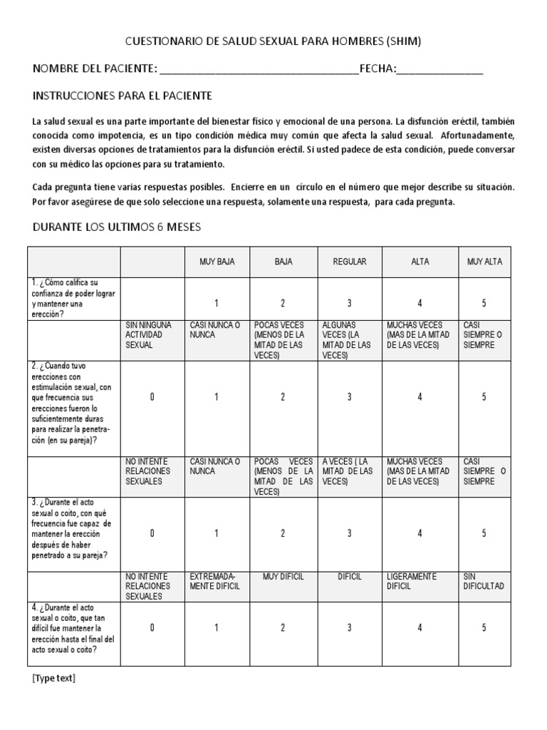 Shim Cuestionario de Salud Sexual Para Hombres Spanish | Disfunción ...