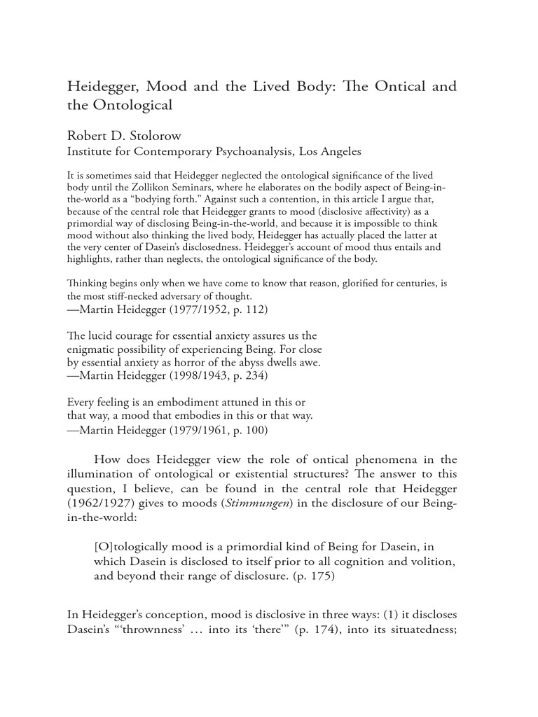 Stolorow Heidegger Mood and The Lived Body Ontical | PDF | Martin ...