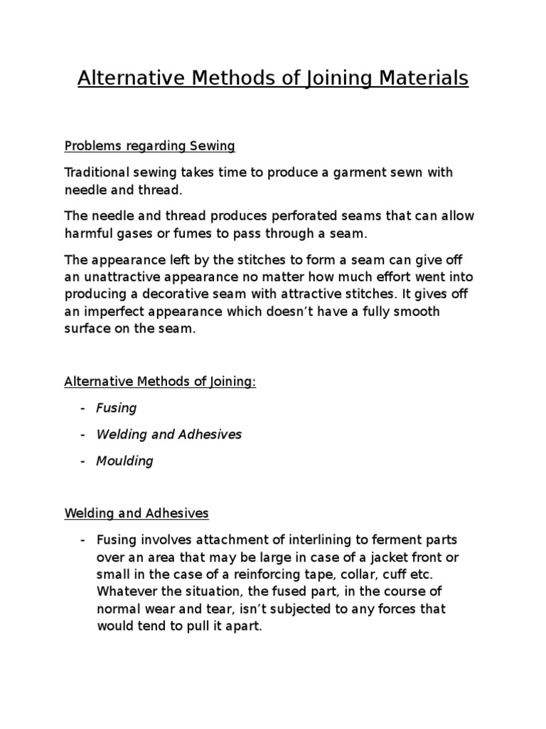 Alternative Methods of Joining Materials | PDF | Seam (Sewing) | Welding