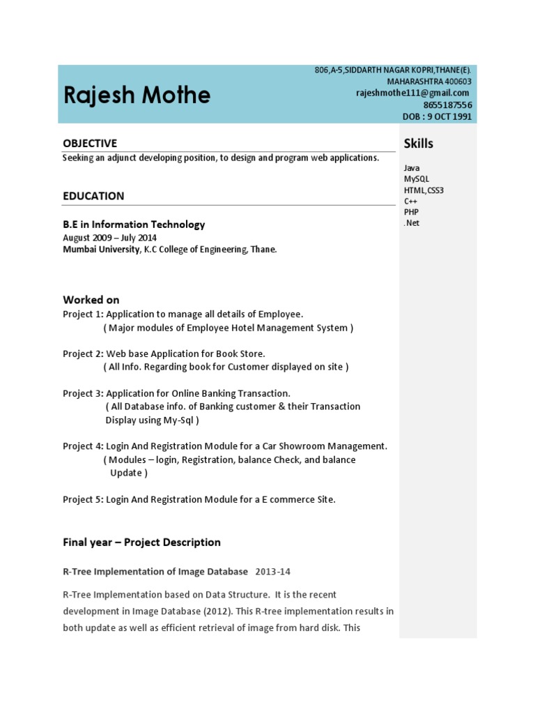 Web Developer Resume of Rajesh Mothe | PDF