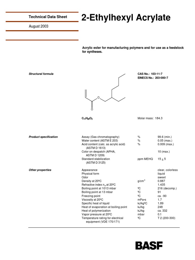 2-Ethylhexyl Acrylate: Technical Data Sheet | PDF | Copolymer | Ester