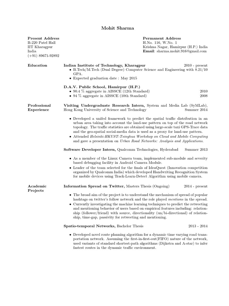 Mohit Sharma's Resume: A Comprehensive Profile of an IIT Kharagpur ...