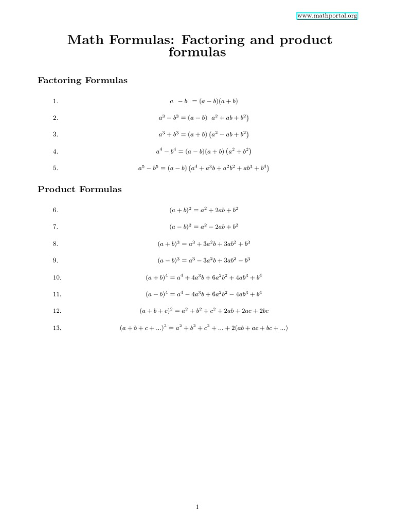 Factor and Product Formulas | PDF