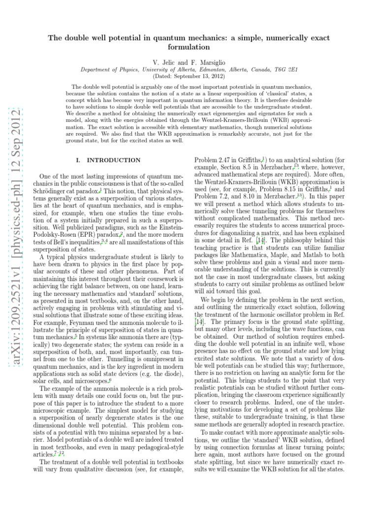 The Double Well Potential in Quantum Mechanics: A Simple, Numerically Exact Formulation | PDF ...
