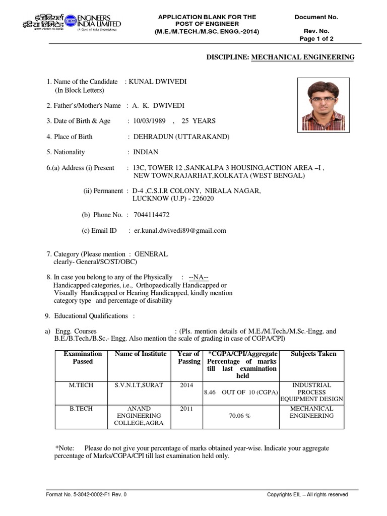 CV Format - M.tech. | PDF | Master Of Science | Welding