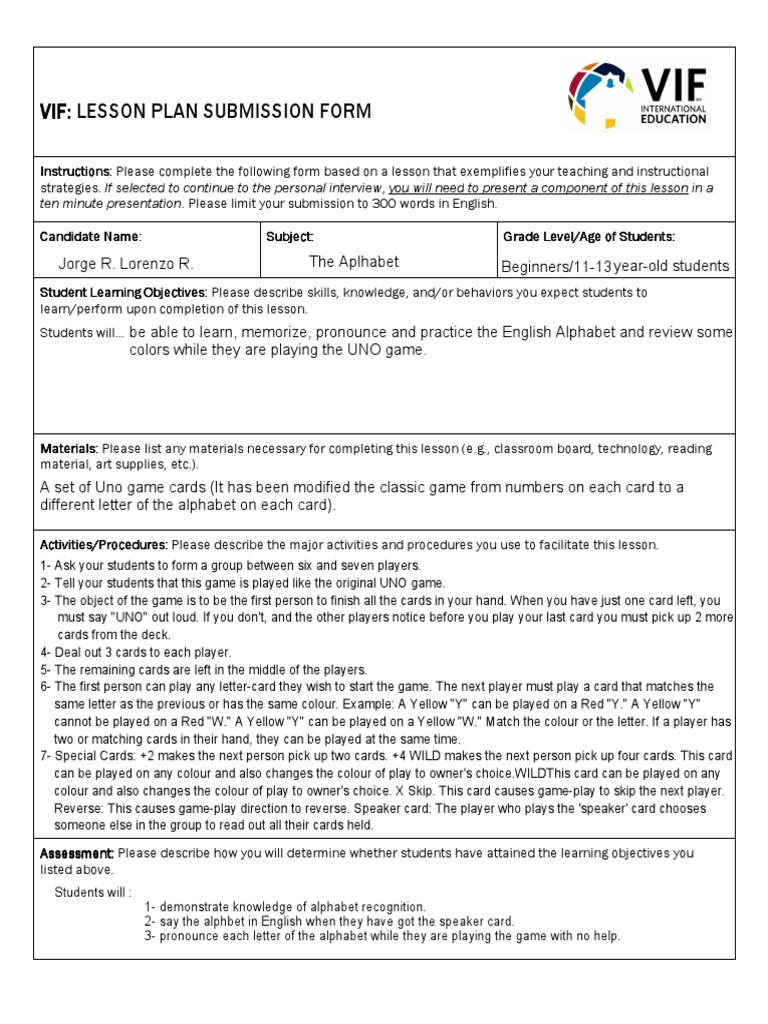 Vif: Vif: Vif: Vif: Lesson Plan Submission Form: Year-Old Students ...