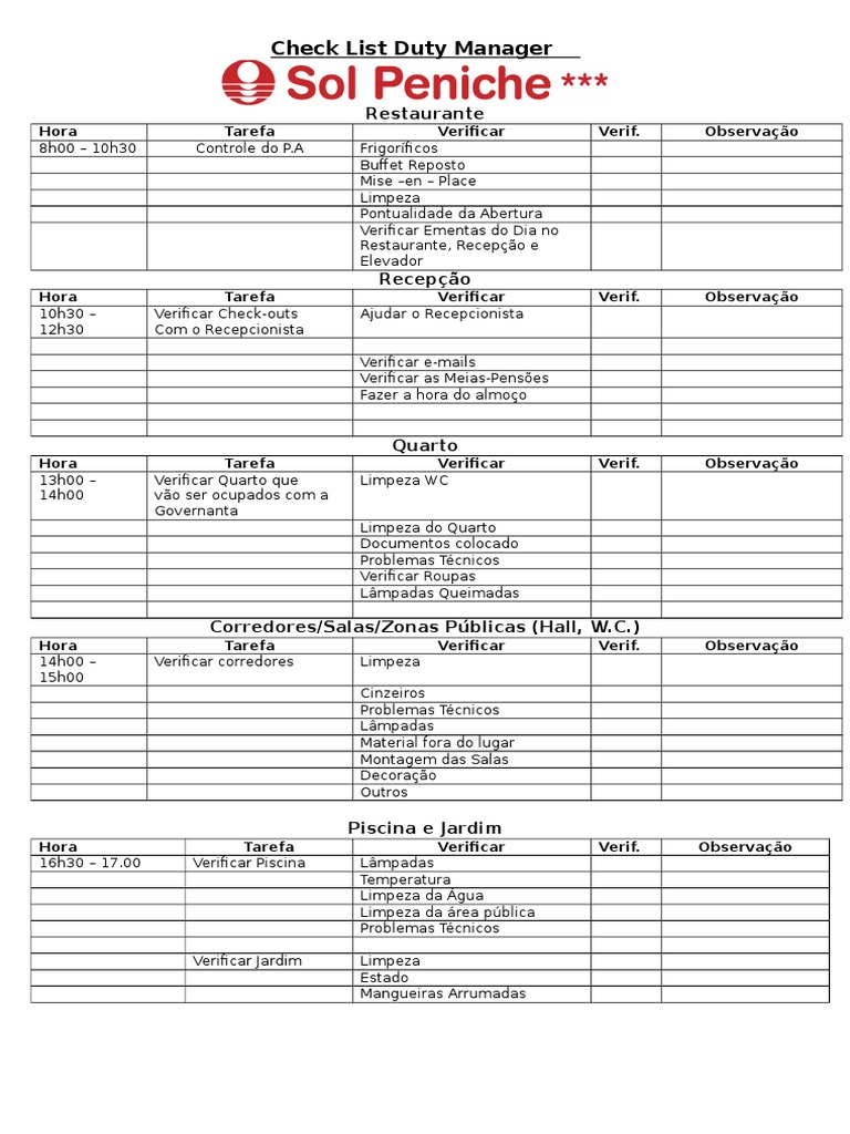 Check List Duty Manager | PDF | Indústria alimentícia | Setor hoteleiro