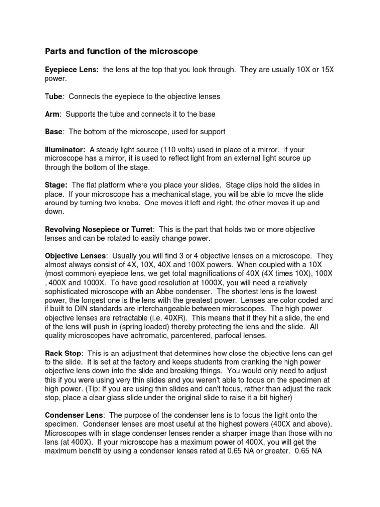 Parts and Function of The Microscope | PDF | Lens (Optics) | Optical ...