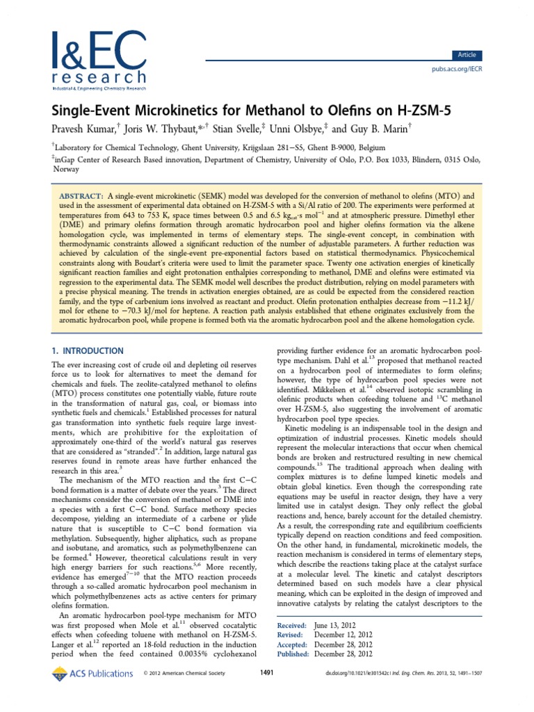 Single-Event Microkinetics For Methanol To Ole Fins On H ZSM 5 | PDF ...