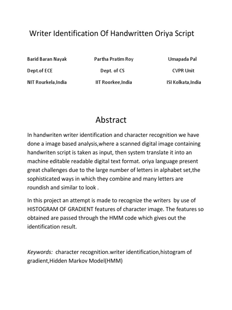 Oriya Script Writer Identification | PDF | Image Segmentation | Optical ...