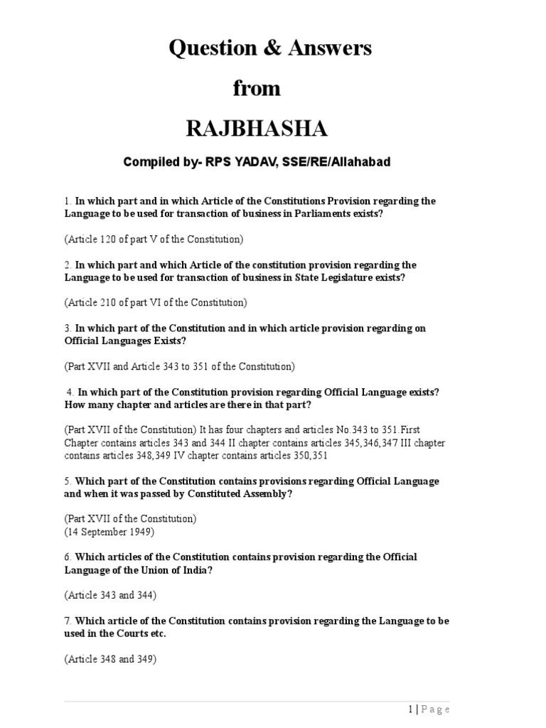 Question & Answers From Rajbhasha: Compiled by-RPS YADAV, SSE/RE ...