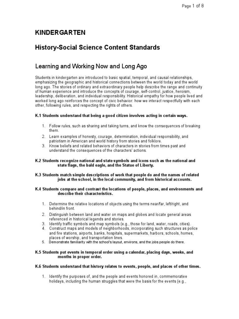Kindergarten History-Social Science Content Standards: Learning and ...