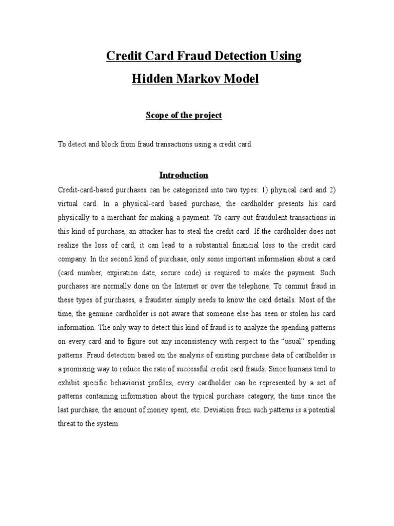Credit Card Fraud Detection Using Hidden Markov Model: Scope of The Project | PDF ...