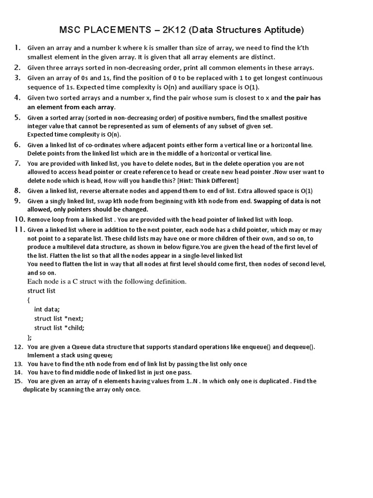 Msc Placements 2k12 Data Structures Aptitude An Element From Each Array Pdf Array Data 3716