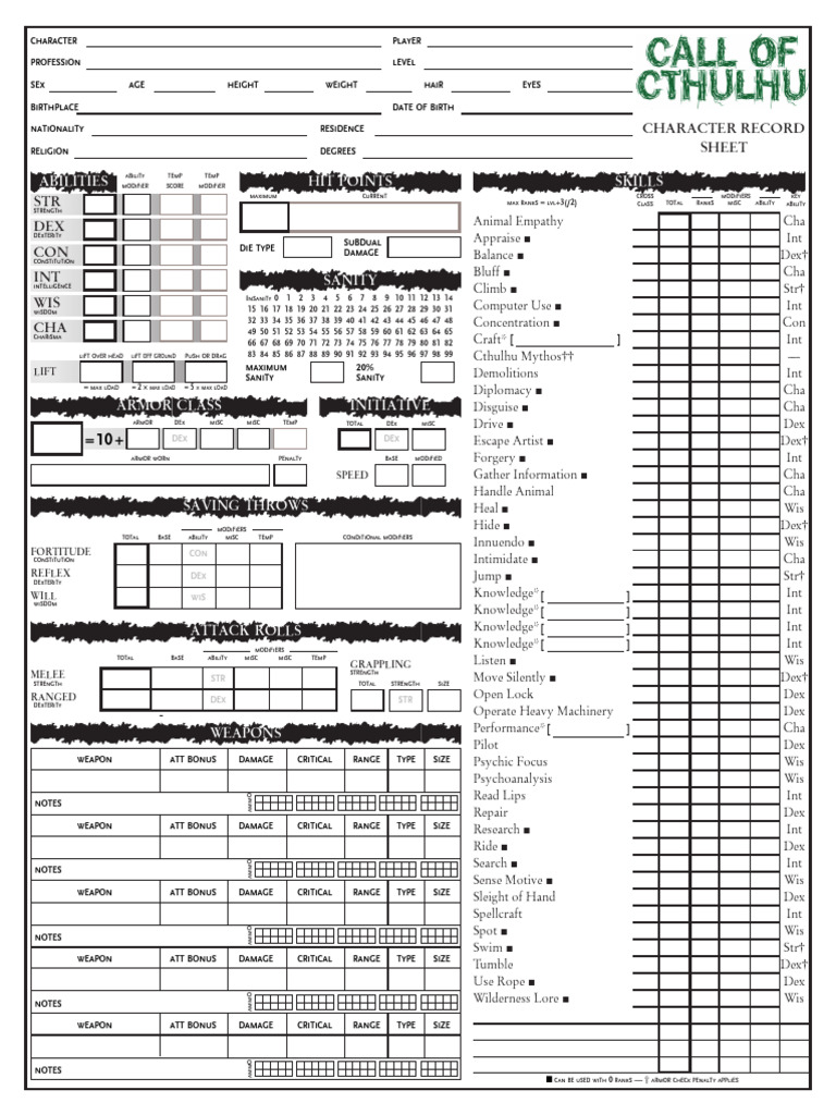 Call of Cthulhu D20 Character Sheet | PDF | Role Playing Games | Role ...