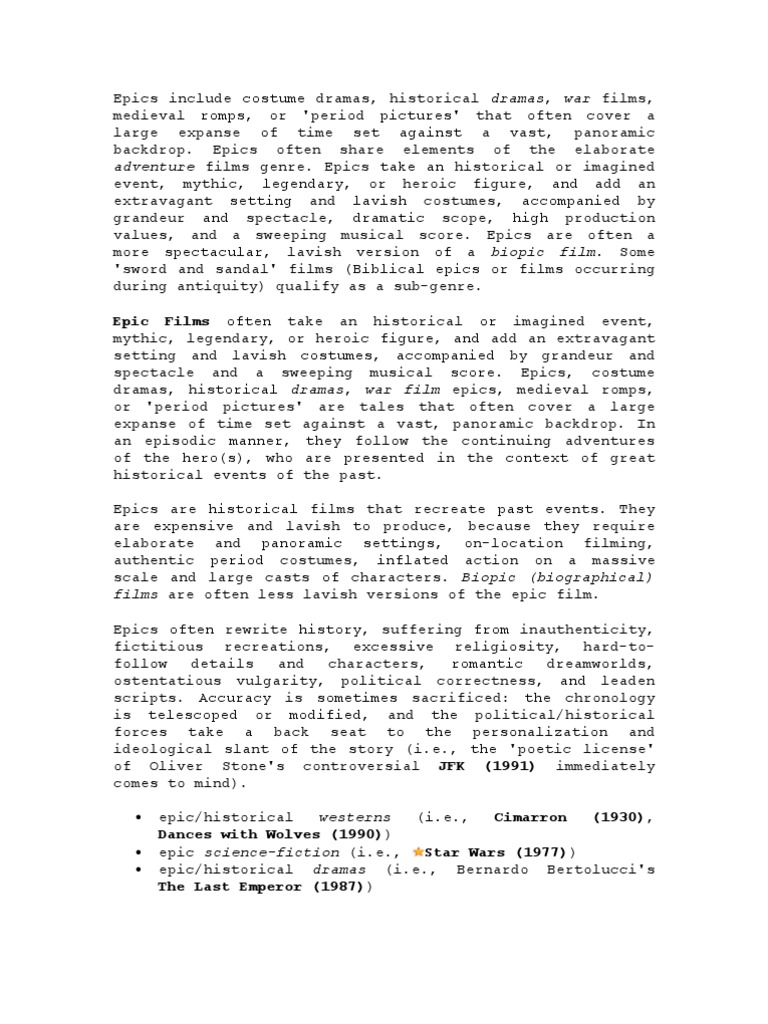 Adventure Films Genre. Epics Take An Historical or Imagined | PDF ...
