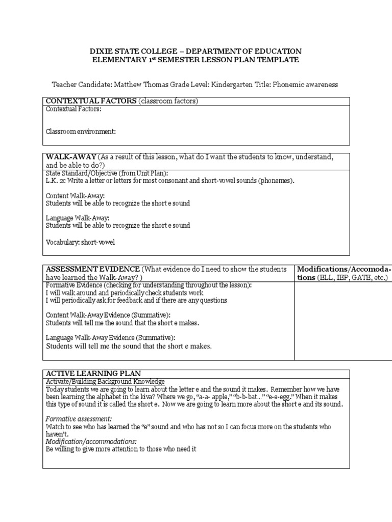 Kindergarten Phonemic Awareness Lesson Plan | PDF | Educational ...