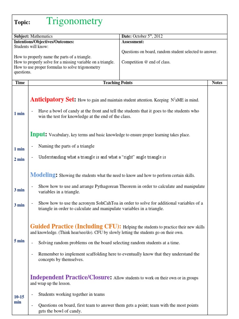 Sample Lesson Plan | PDF | Trigonometric Functions | Trigonometry
