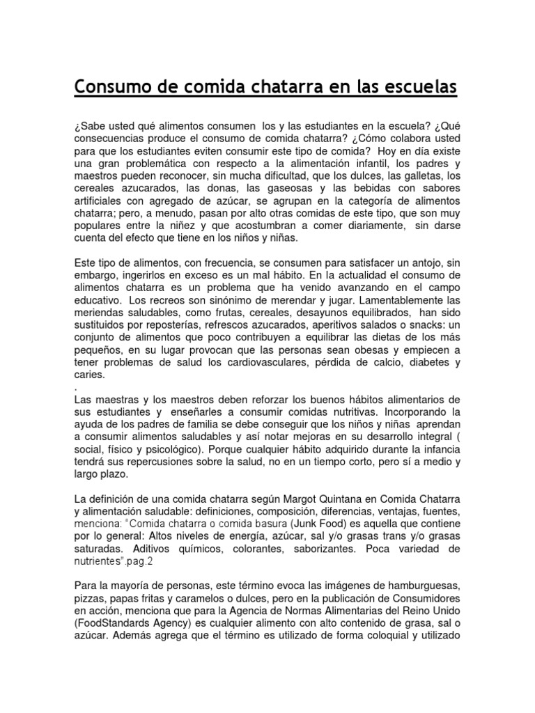 Ensayo Consumo Comida Chatarra | PDF | Comida chatarra | Alimentos