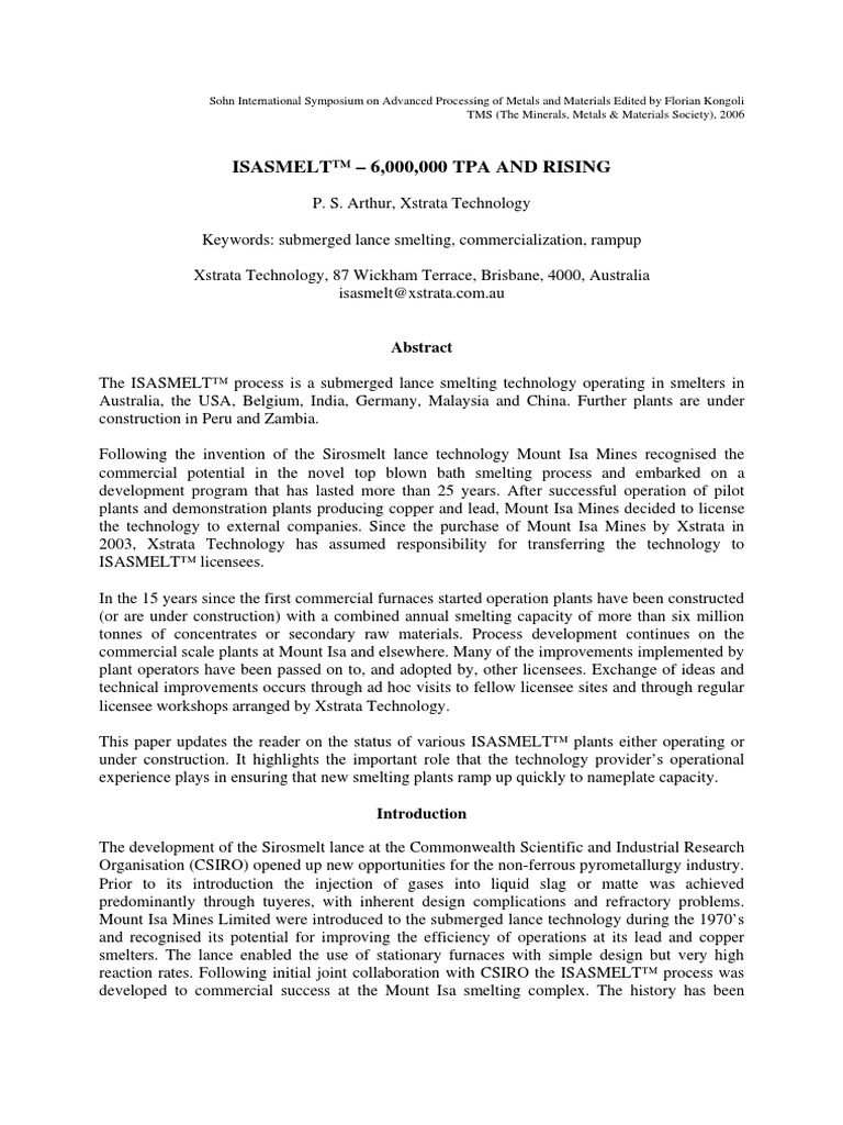 Arthur - ISASMELT - 6000000tpa and Rising 060326 PDF | PDF | Smelting ...