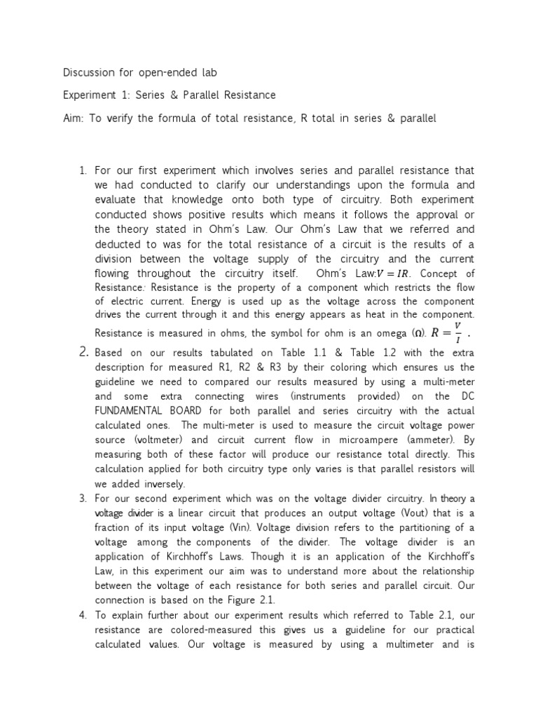 Open Ended Lab Discussion | PDF | Electrical Resistance And Conductance ...